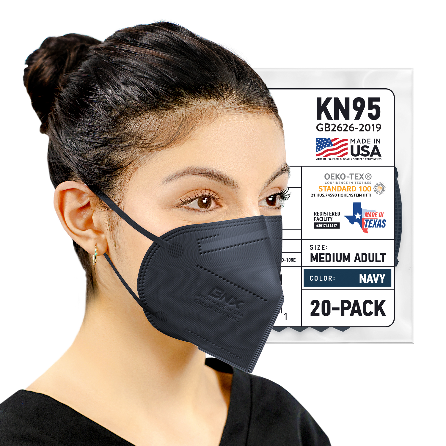 BNX KN95 Mask (E95M), Made in USA KN95 Face Mask, Navy (Adult Medium ...