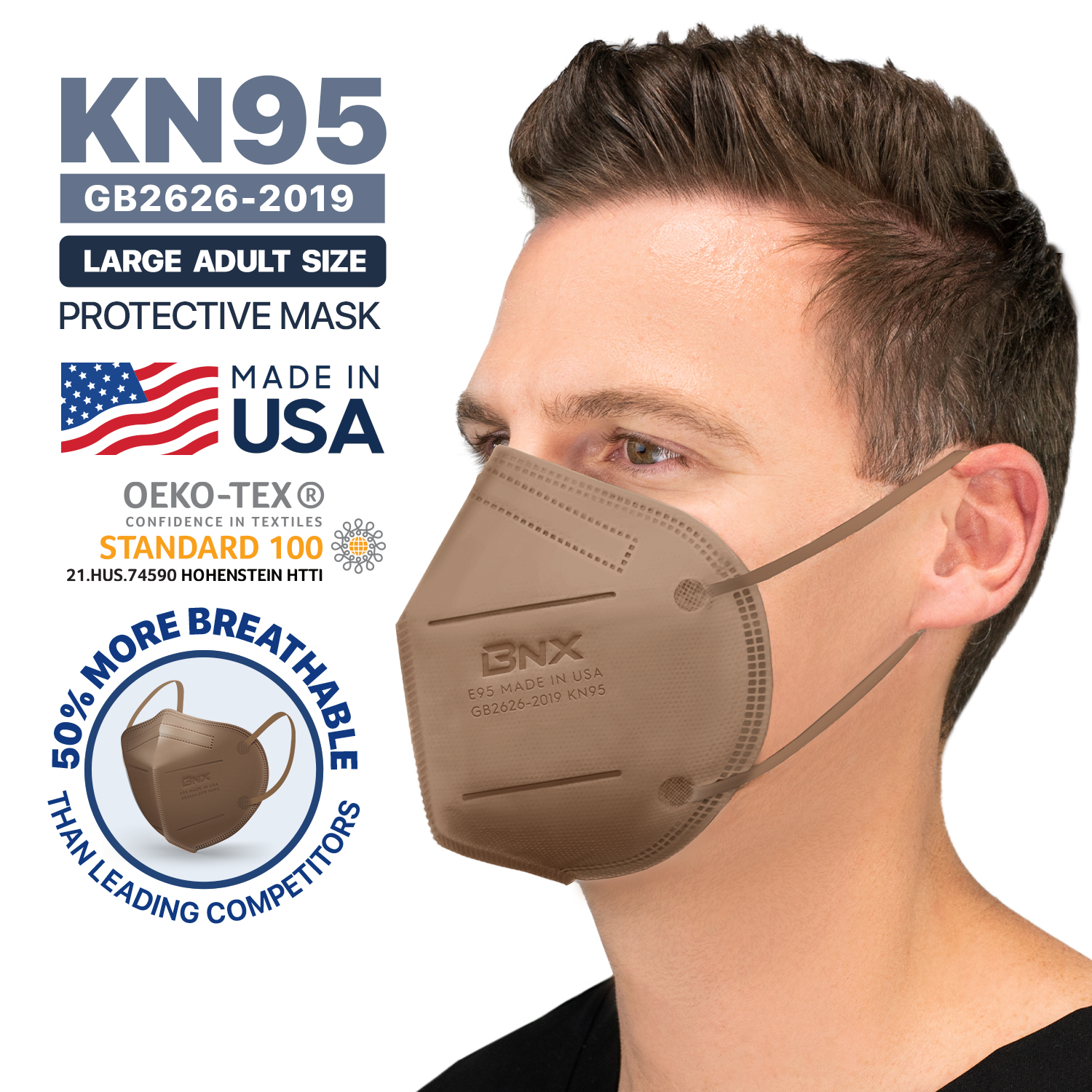 BNX KN95 Mask (E95), Made in USA KN95 Face Mask, Brown (Adult Large ...